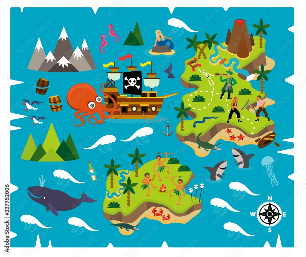 Cartoon Pirate Map Treasure, Travel Adventure. Vector Seamless Pattern ...