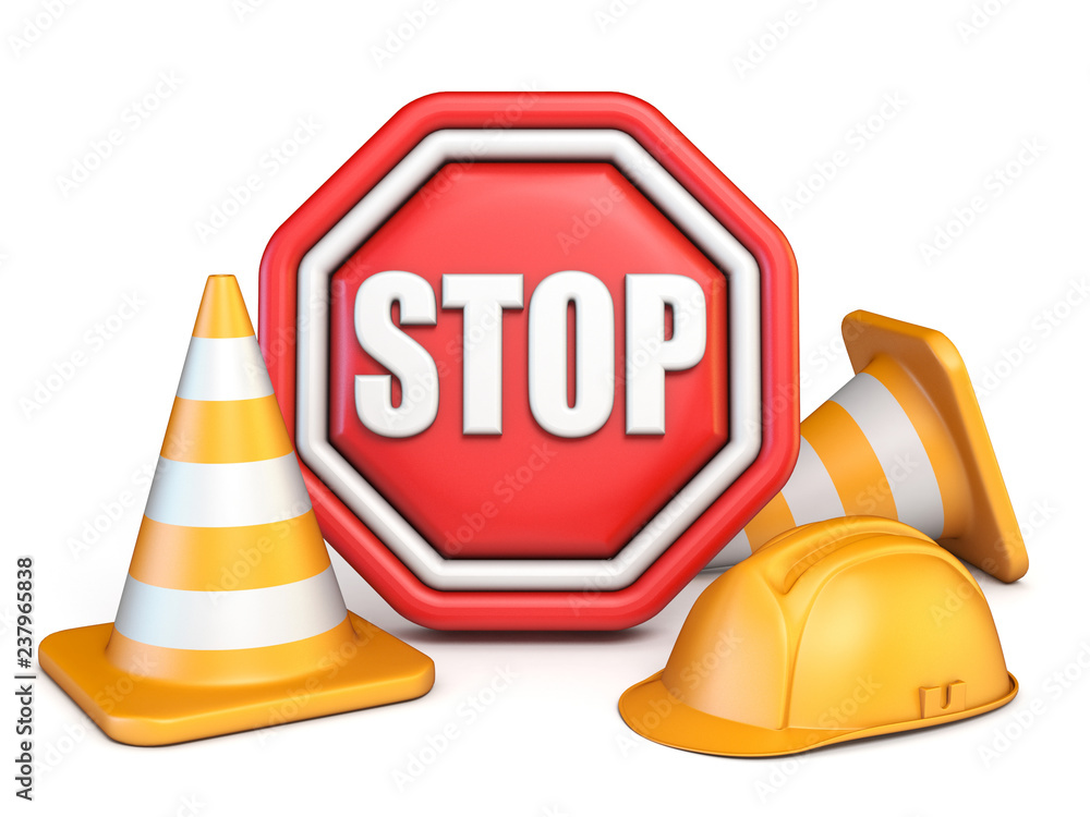 Stop sign, traffic cones and safety helmet 3D Stock Illustration ...