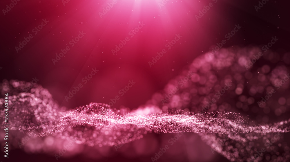 black background, digital signature with wave white-pink particles ...