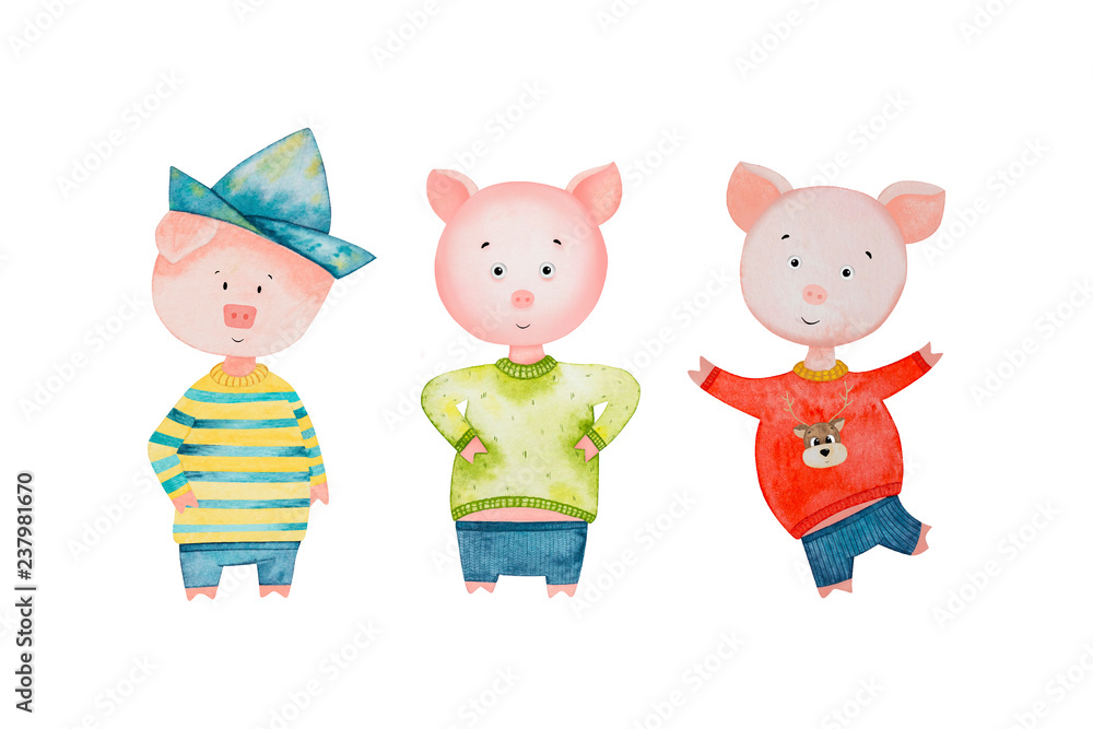 3 little pigs, fictional characters. watercolor illustration. pig ...