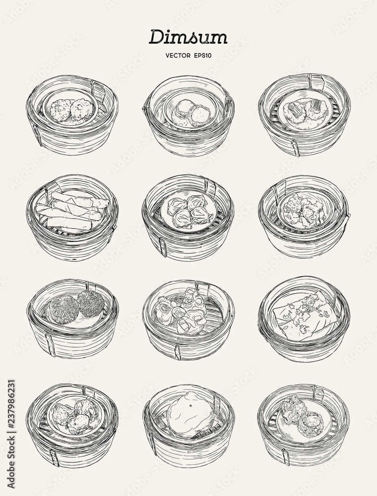 Set of Dim-sum, hand draw sketch vector. Stock Vector | Adobe Stock