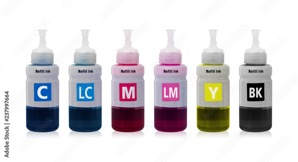 Printer ink bottle isolated on white background. CMYK color for ...