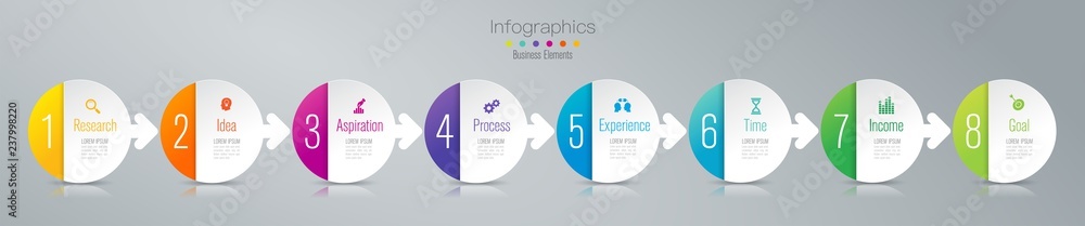 Timeline infographics design vector and business icons with 8 options ...