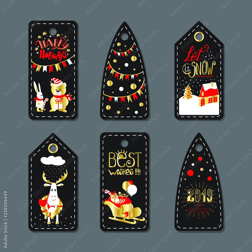 Merry Christmas Label Badge. Set of six printable hand drawn holiday ...