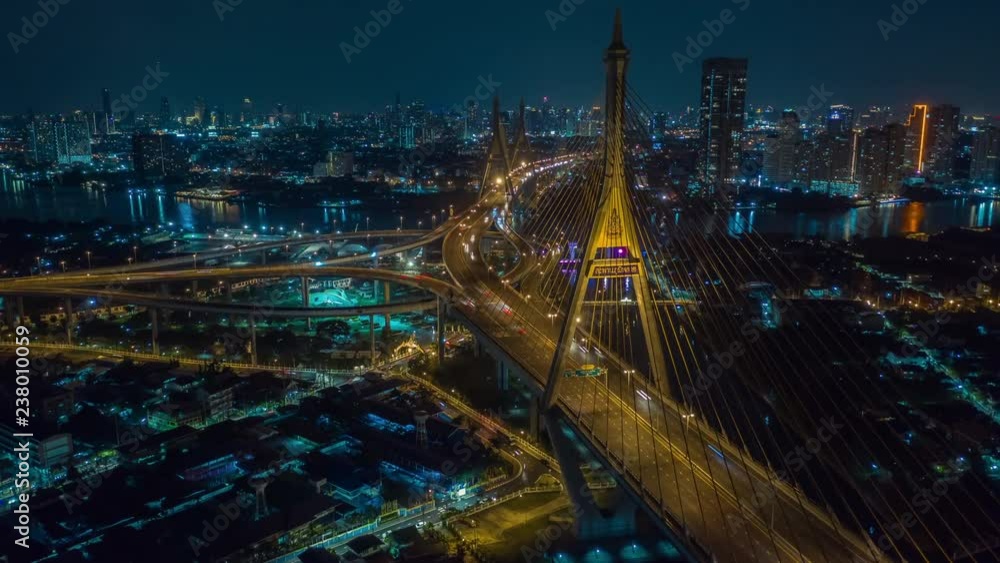 Aerial drone hyper lapse over Bhumibol bridge known as Industrial Ring ...