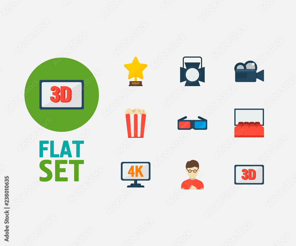 Movie icons set. 4k cinema and movie icons with theater spotlight ...
