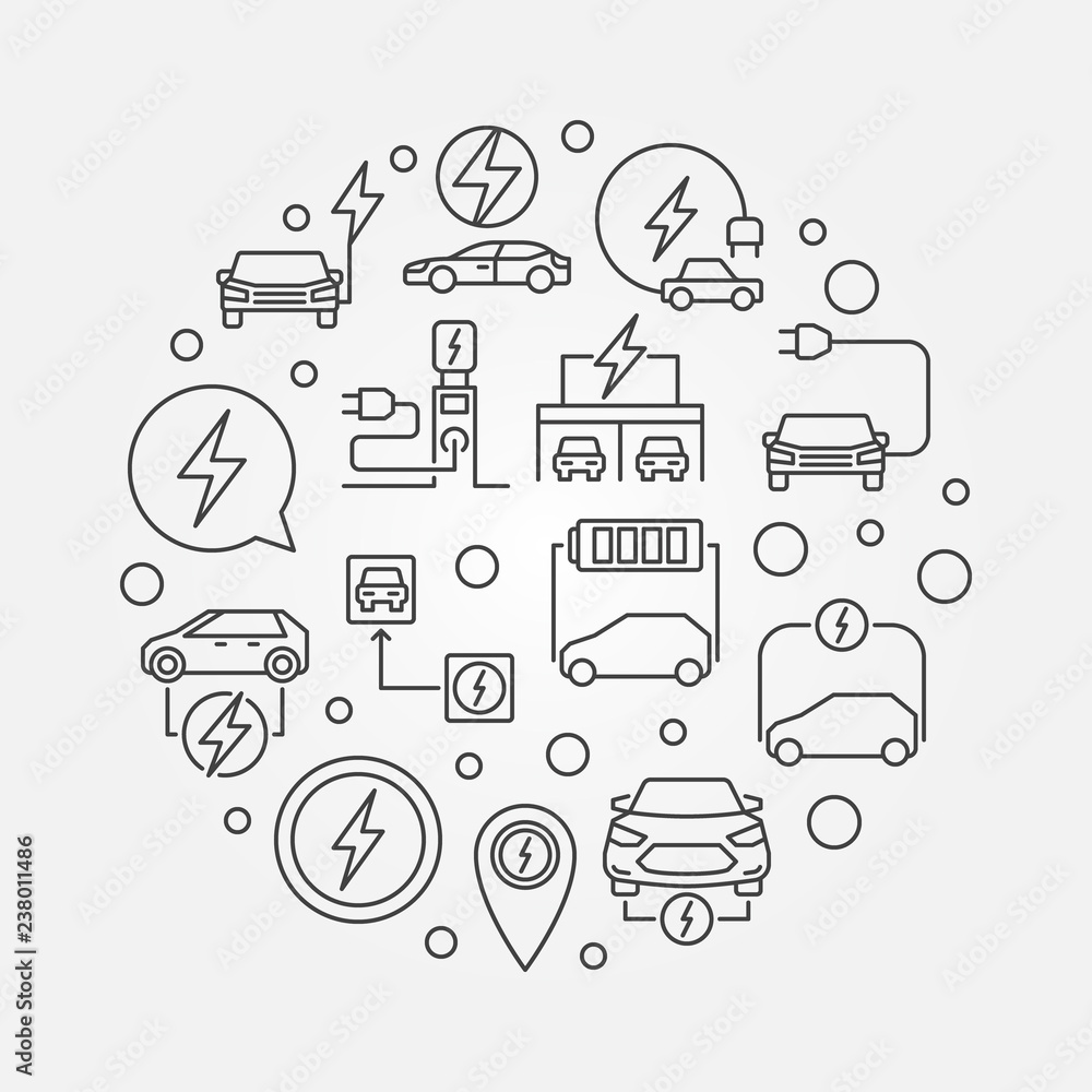 All-electric car round outline illustration. Vector EV and electric car ...