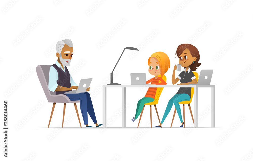 Family of programmers. Happy girl and parents coding together ...