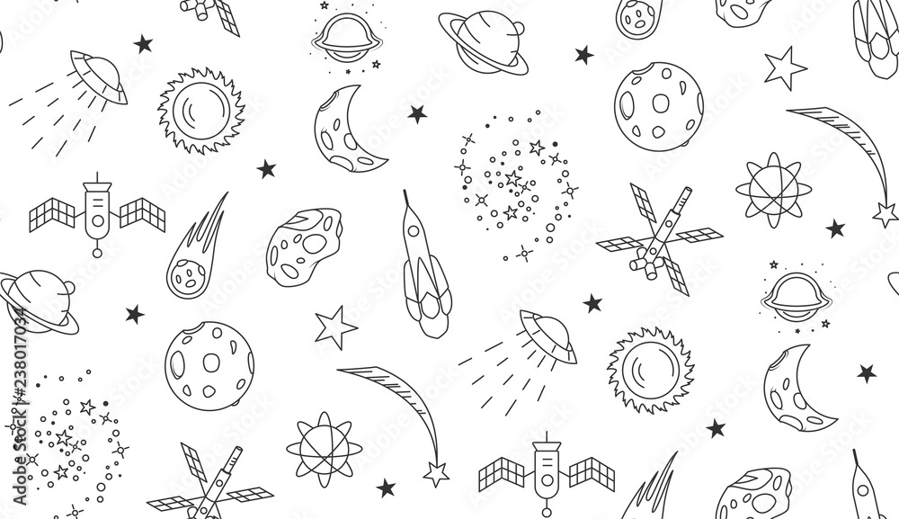 Space doodle seamless pattern. Outline space elements stars planets ...