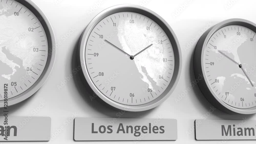 Round clock showing Los Angeles, USA time within world time zones ...