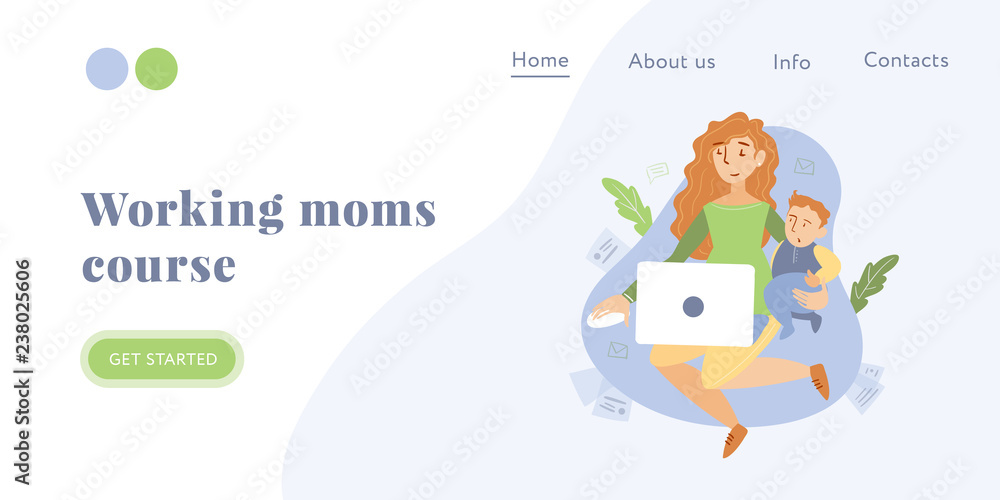 Cute young mom freelancer works at home at the computer. Illustration ...