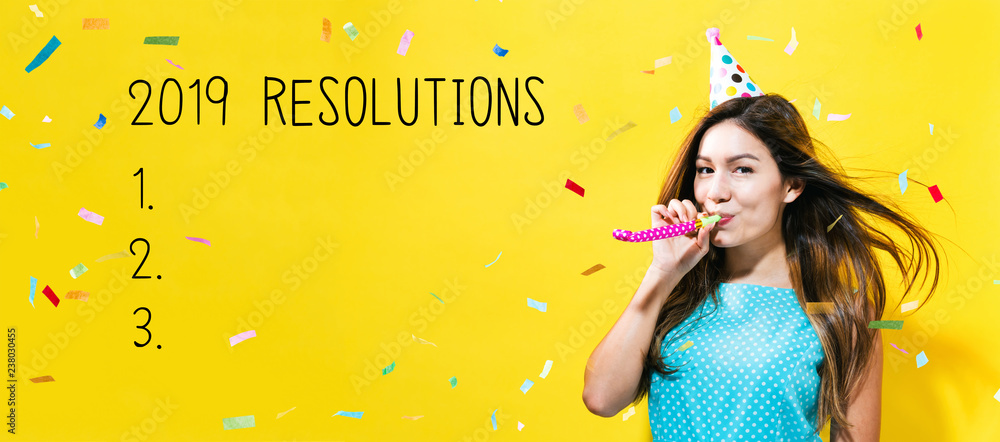 2019 Resolutions with young woman with party theme on a yellow ...