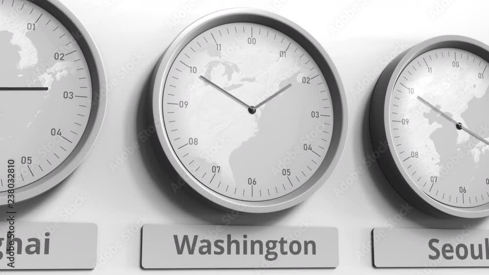 Round clock showing Washington, DC, USA time within world time zones ...