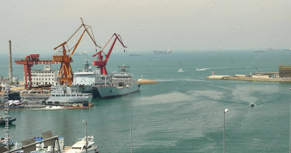 4k Industrial working crane bridge in shipyard,Ship into port,QingDao ...