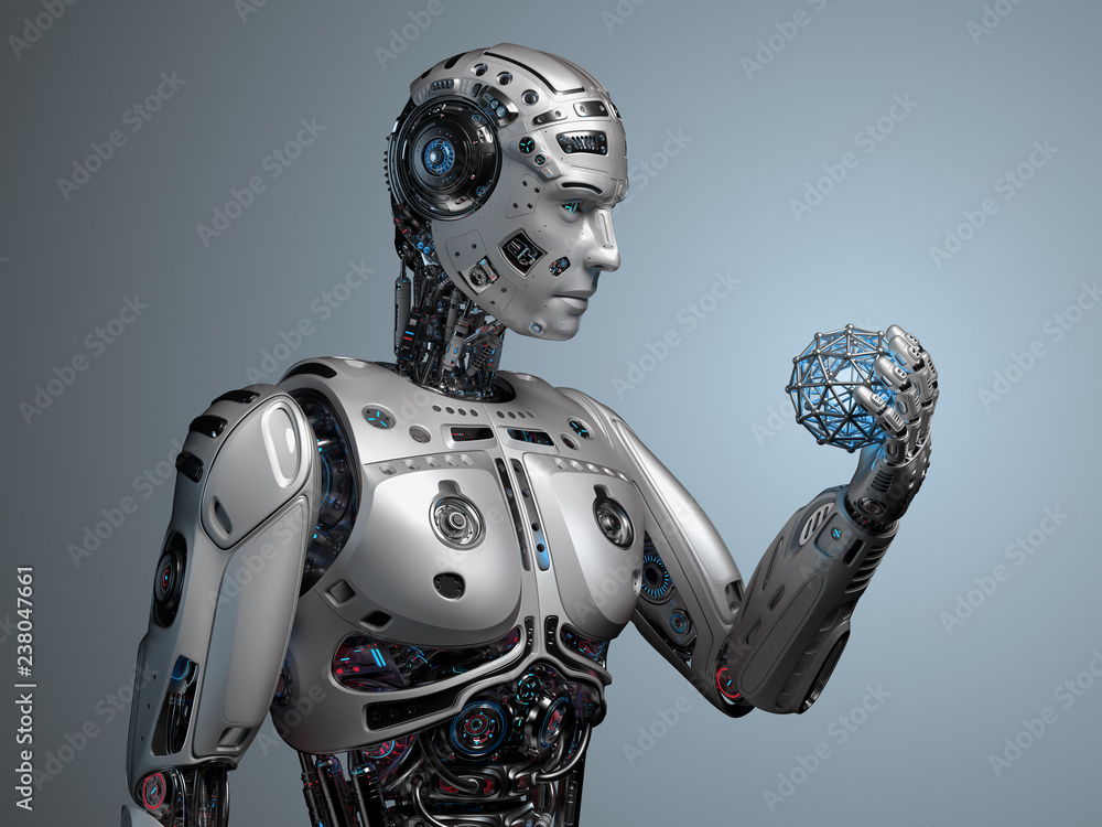 Robot Man or very detailed futuristic cyborg holding mysterious sphere ...
