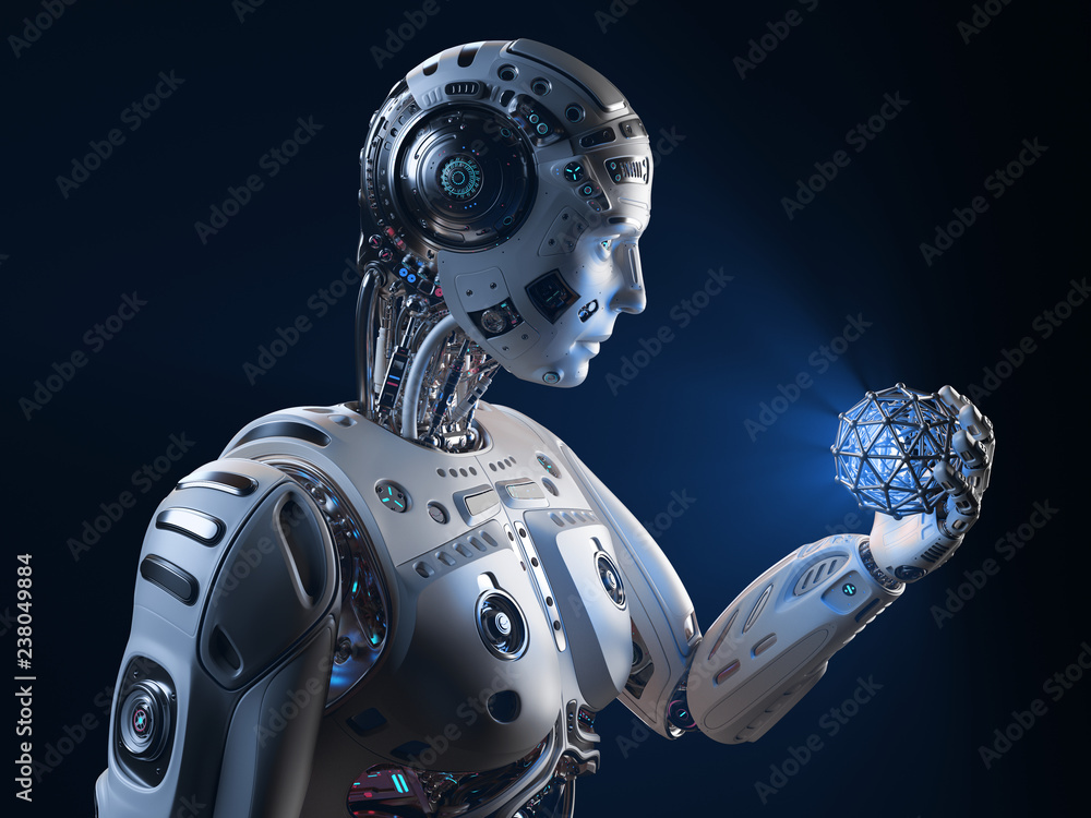 Robot Man or futuristic cyborg holding mysterious sphere emitting blue ...