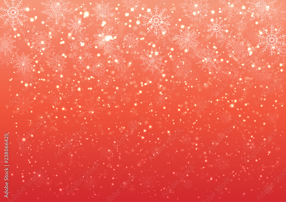 Snow falling in winter time. Stylized gradient red frame and background ...