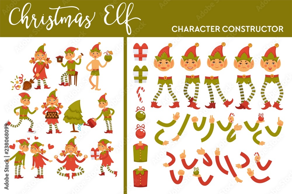 Christmas elf winter character set activities and body parts Stock ...