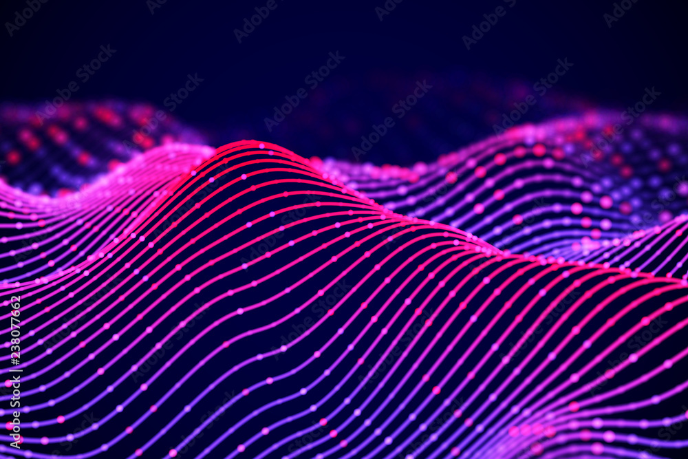 3D Sound waves with color dots. Big data abstract visualization ...