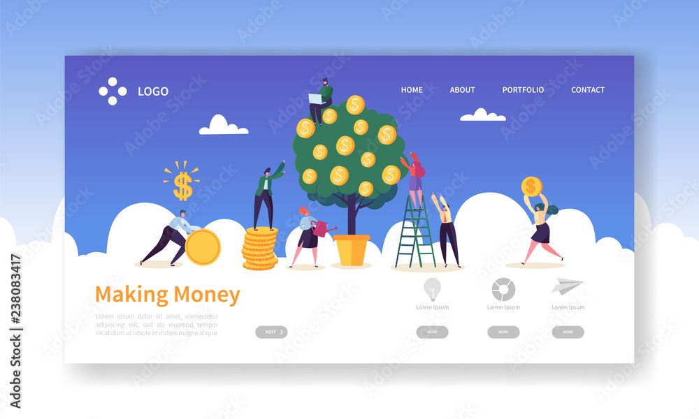 Money Growth Investment Landing Page Template. Business Woman Watering ...