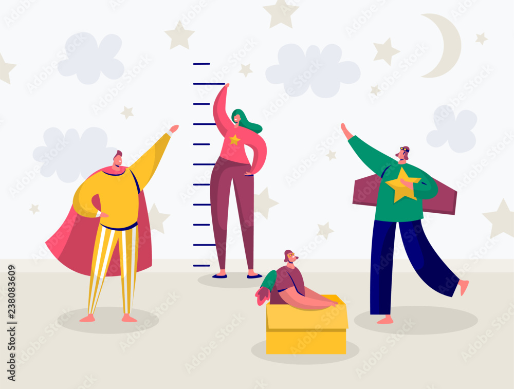 Children in Superhero Costume Play Measures Growth. Happy Kid Character ...