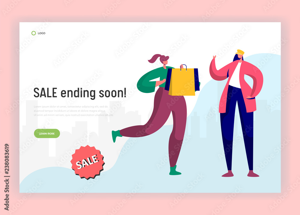 Shopping Sale Rush Hour Landing Page. Woman Running with Bags to Buy ...