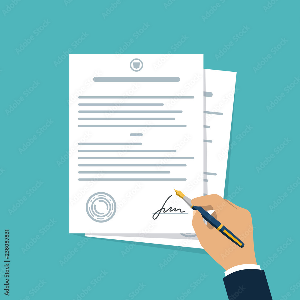 Contract-document signing. Hand signing contract simple style. Vector ...