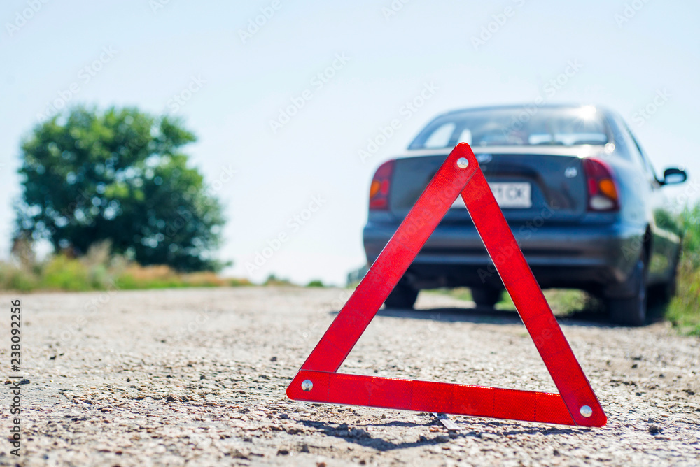 Red warning triangle with a broken down car. Red emergency stop sign ...