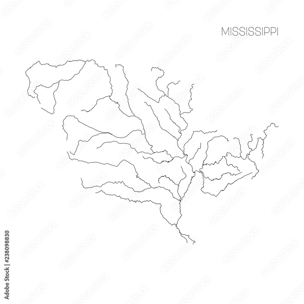 Map of Mississippi river drainage basin. Simple thin outline vector ...