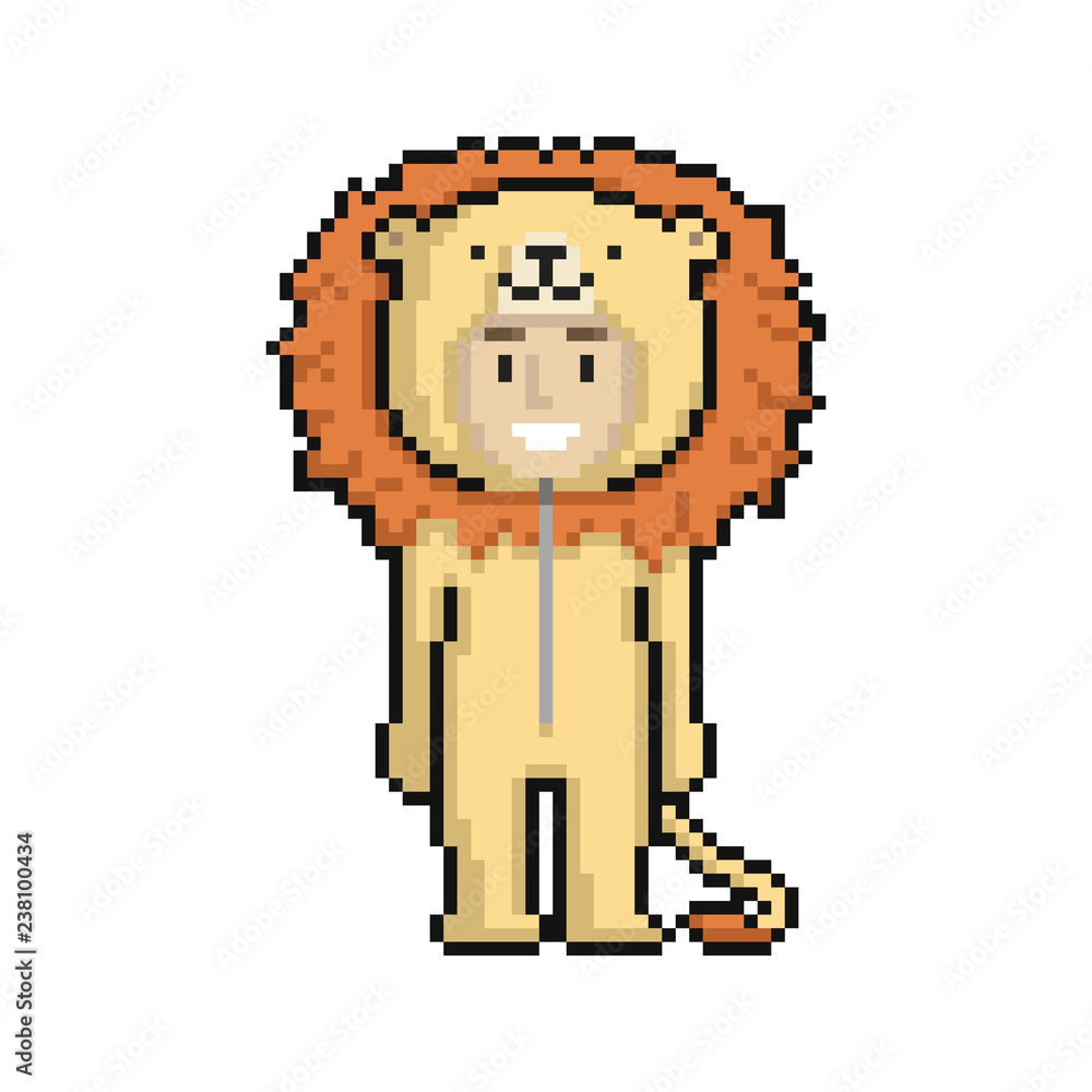 Сute cartoon kid in lion costume. Pixel art on white background. Vector ...