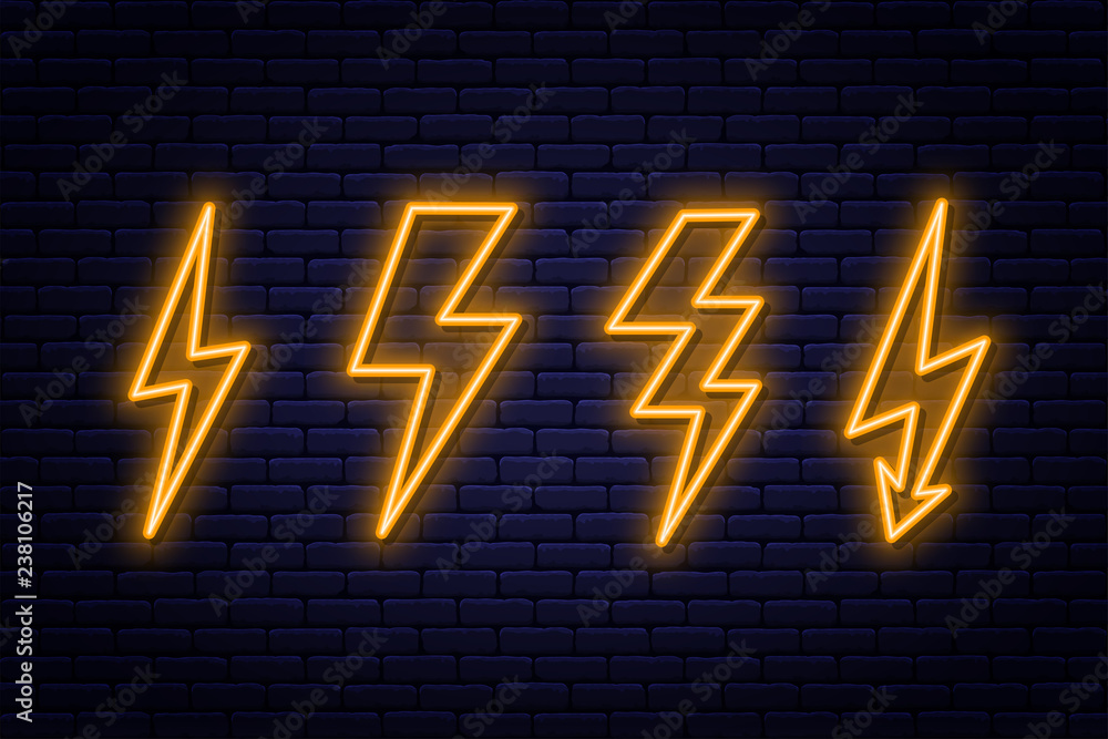 Set of neon lightning bolt signs. Neon sign of electricity or high ...
