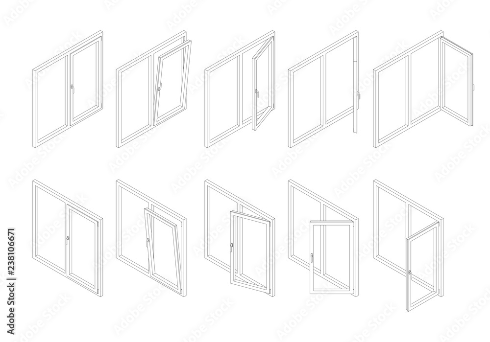 Outline isometric modern white plastic windows set with transparent ...