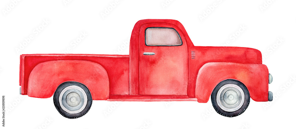 Side view of red retro pick-up truck. Hand drawn water color graphic ...