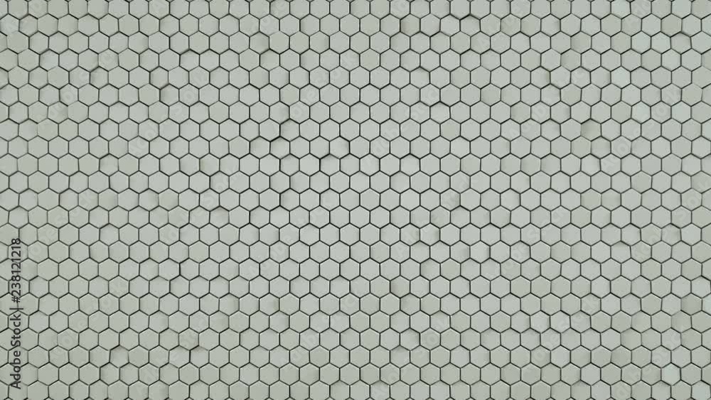 Wall of small white hexagons. Computer generated abstract motion background. Seamless loop 3D ...