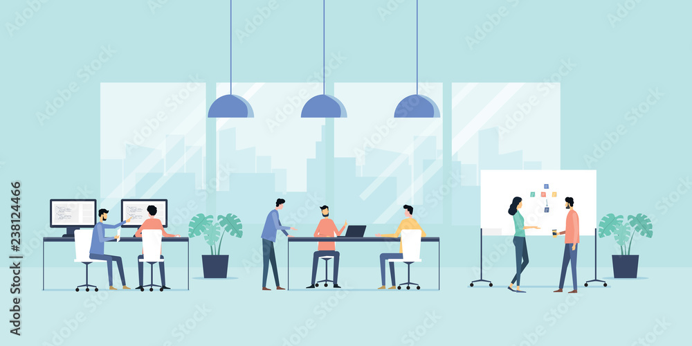 flat vector illustration group business team meeting and working ...