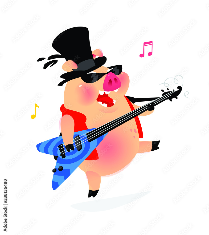 Illustration of a pig in a hat with a guitar. Vector. Rock performer of ...