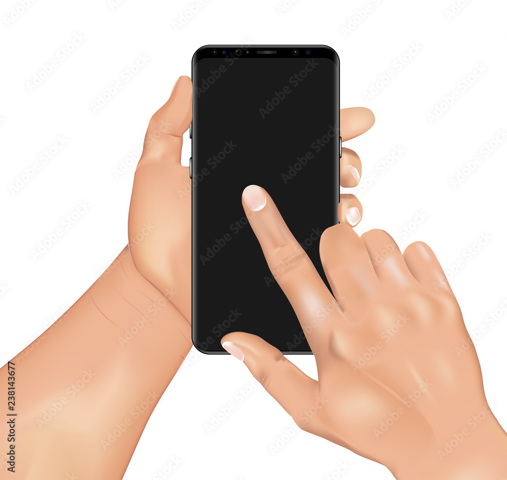 Vector 3d realistic human hand holding smartphone and touching screen ...