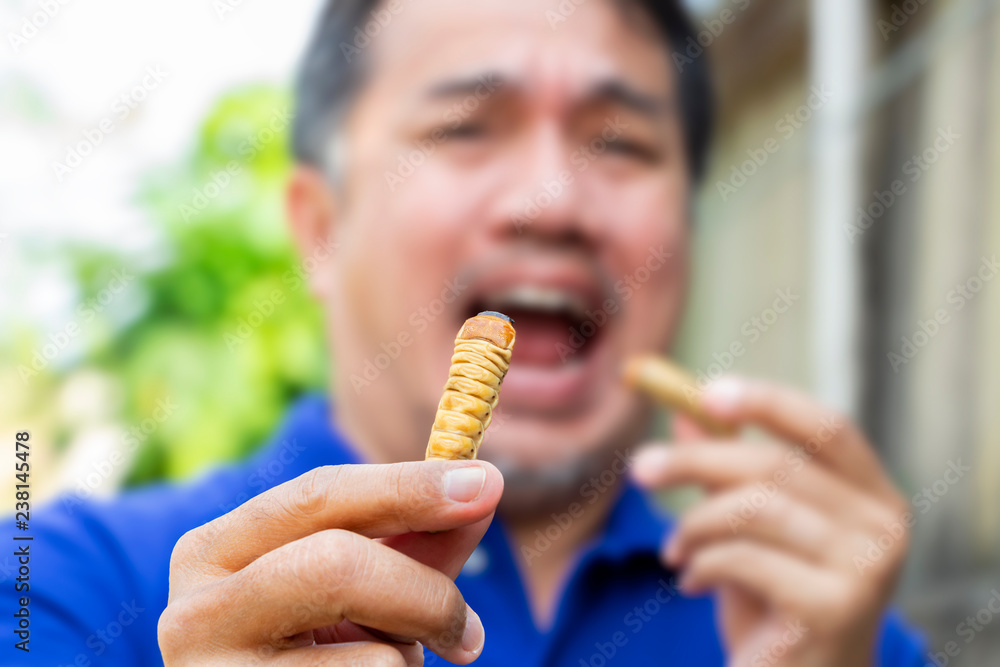Men eating a worm, holding it in the hand. The concept of protein food ...