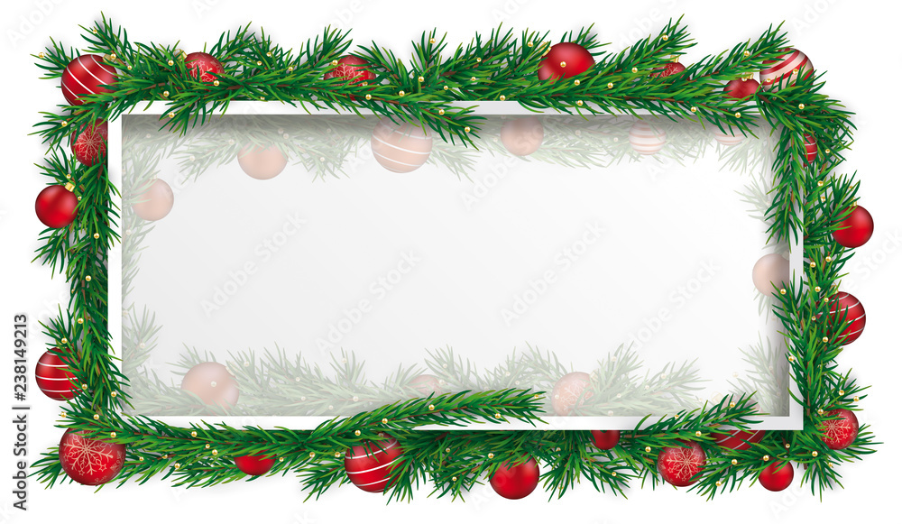 Ein Rahmen weihnachtlich geschmückt mit Tannenzweigen und ...