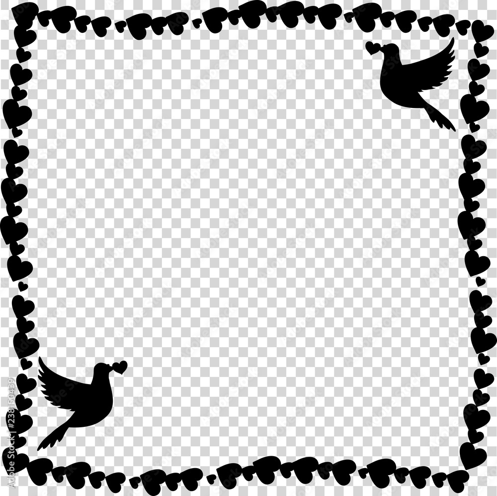Vector black twisted retro border of hearts with loving doves isolated ...
