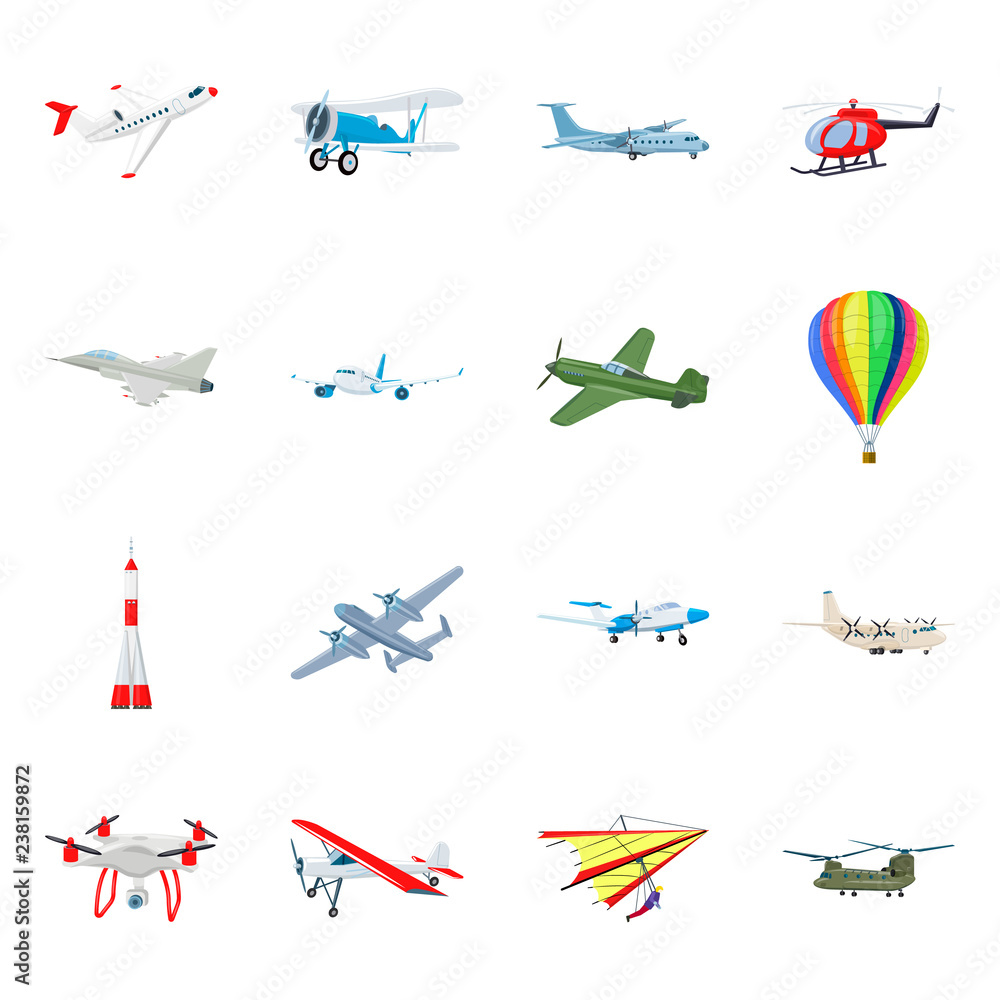 Vector illustration of plane and transport symbol. Set of plane and sky ...