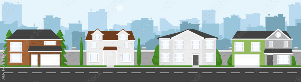 High quality horizontal background of cityscape with houses, trees ...