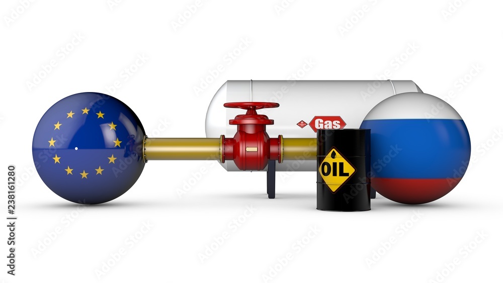 3D illustration of two balls with the flags of the UES and Russia, and ...