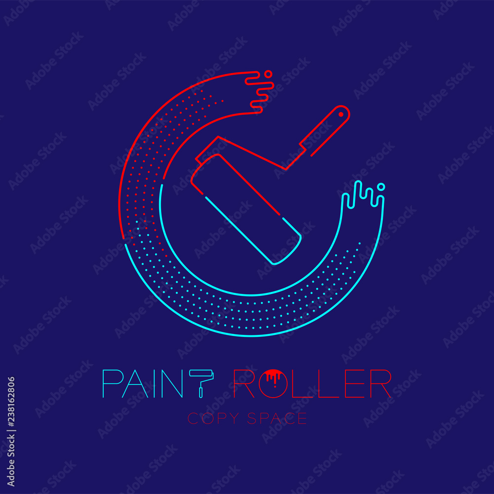Paint roller and circle frame logo icon outline stroke set dash line ...