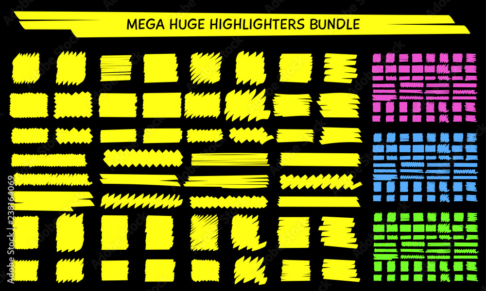 Yellow highlight marker scribble set vector illustration. Hand drawn ...