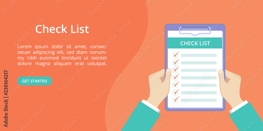 Hands with clipboard check list landing page template. Online checklist ...