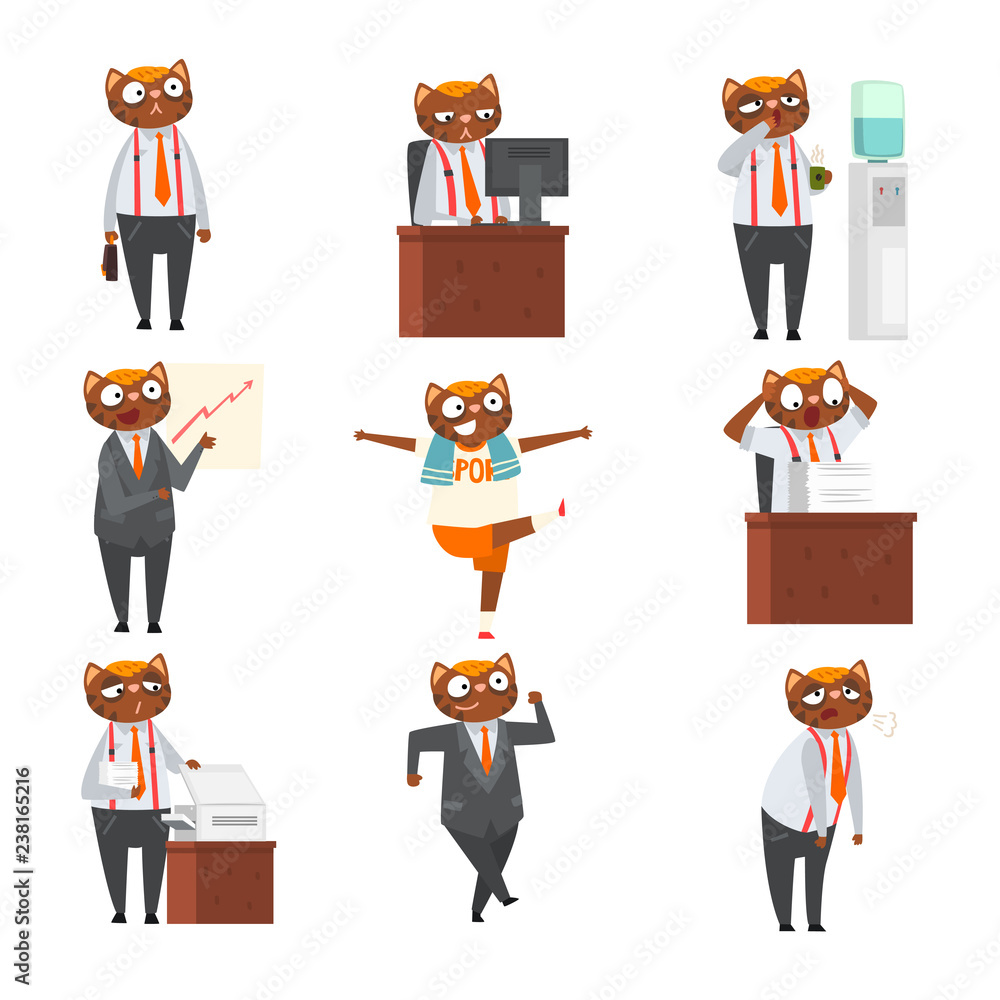 Businessman cat in formal clothes in different situations, humanized ...