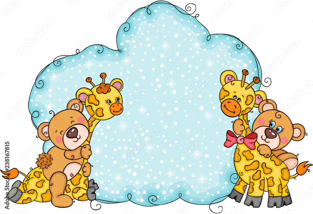 Cute teddy bears and giraffes with blue snow cloud background Stock ...