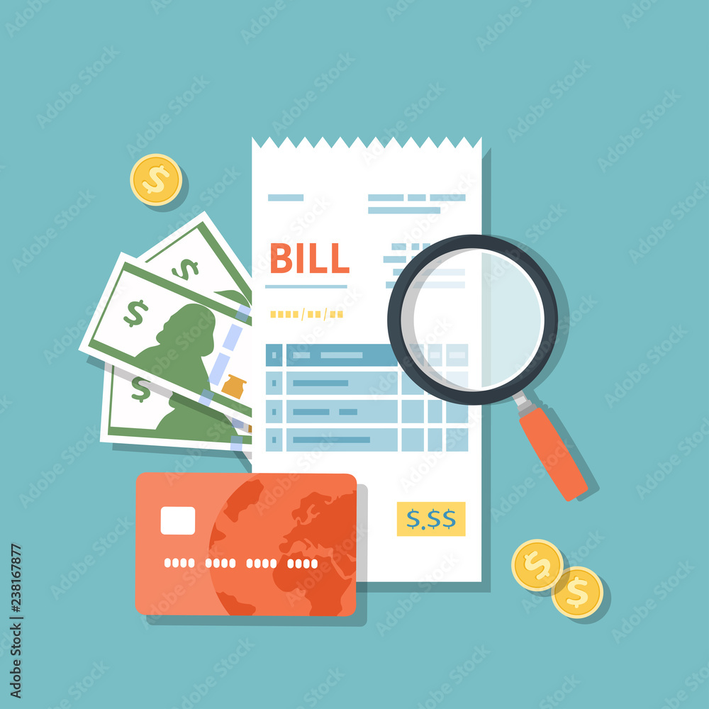 Bill icon with magnifying glass. Studying paying receipt. Payment of ...