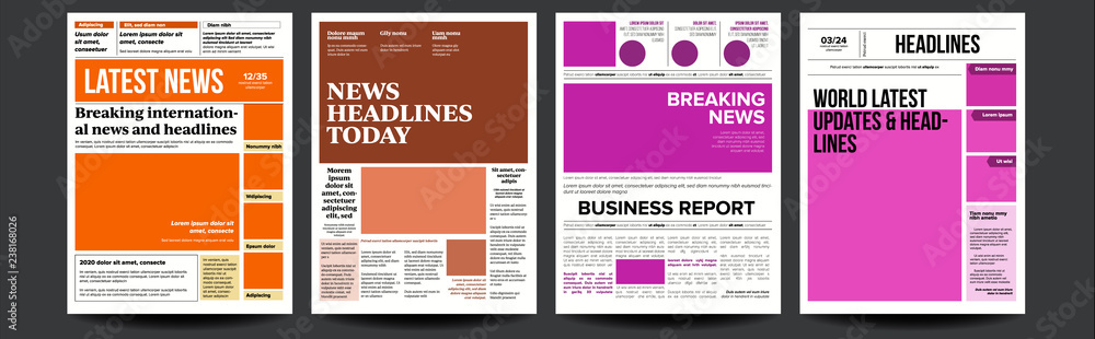 Newspaper Cover Set Vector. With Text And Images. Daily Opening News ...